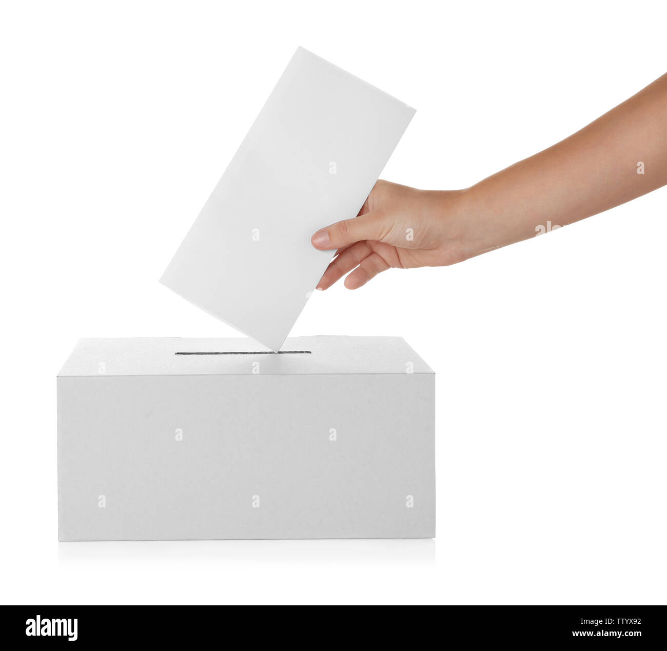 Female hand putting voting ballot into the box on white background ...