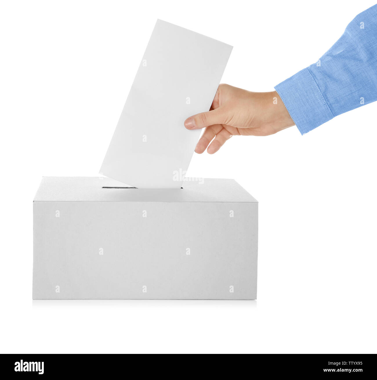 Male hand putting voting ballot into the box on white background Stock ...