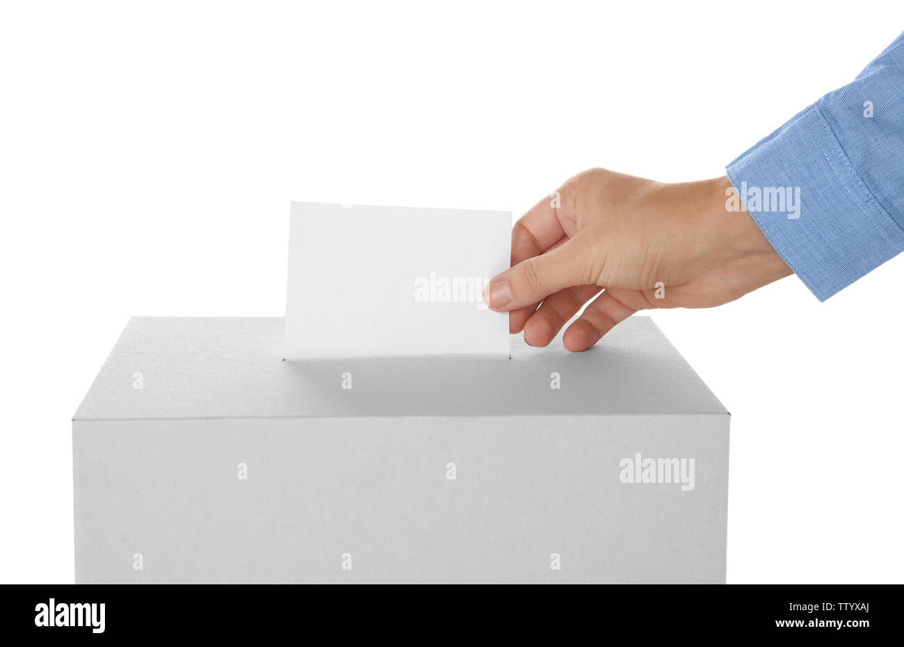 Male hand putting voting ballot into the box on white background Stock ...