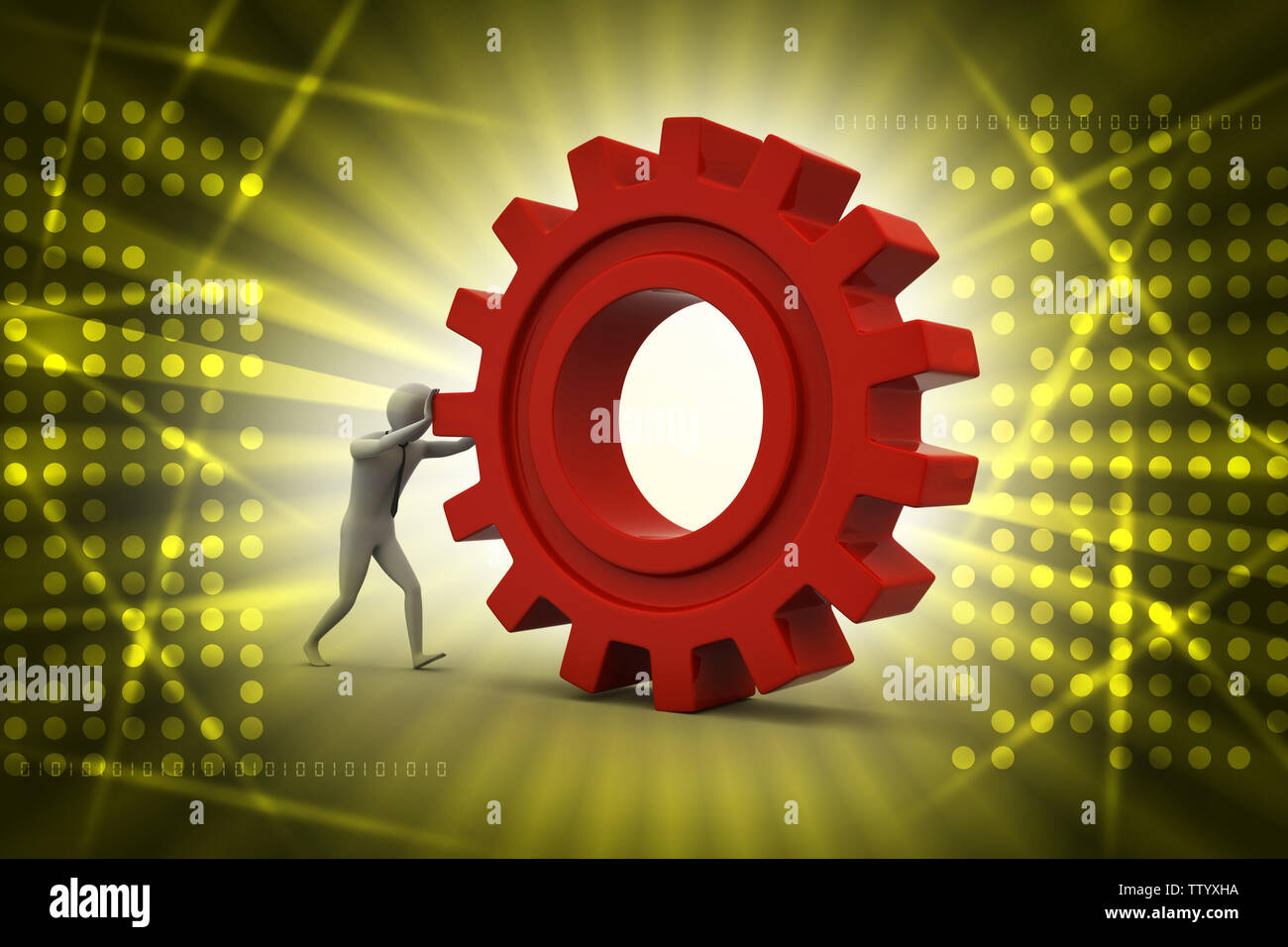 3d man pushing the gear Stock Photo - Alamy