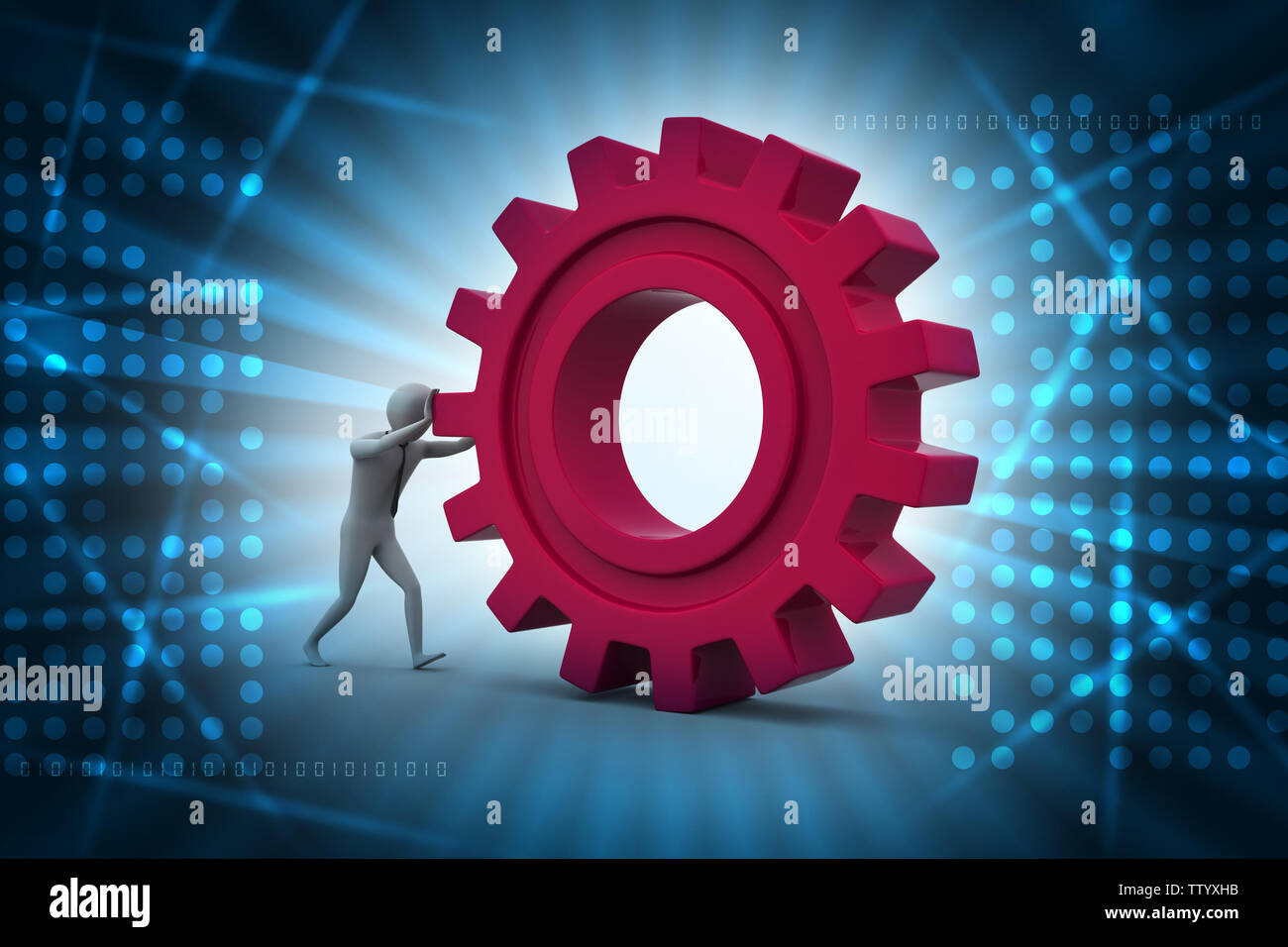 3d man pushing the gear Stock Photo - Alamy