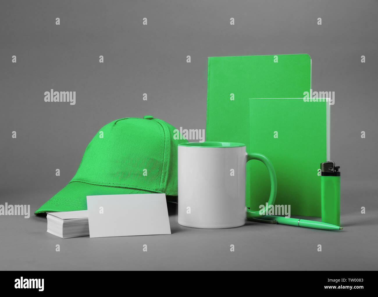 Set of blank items for branding on grey background Stock Photo - Alamy