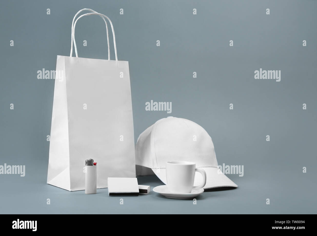 Set of blank items for branding on grey background Stock Photo - Alamy