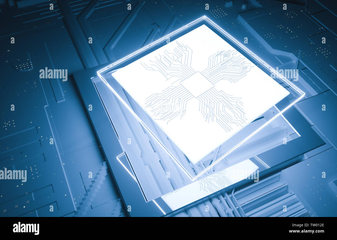 Three-dimensional rendering, circuit board with blue chip Stock Photo ...