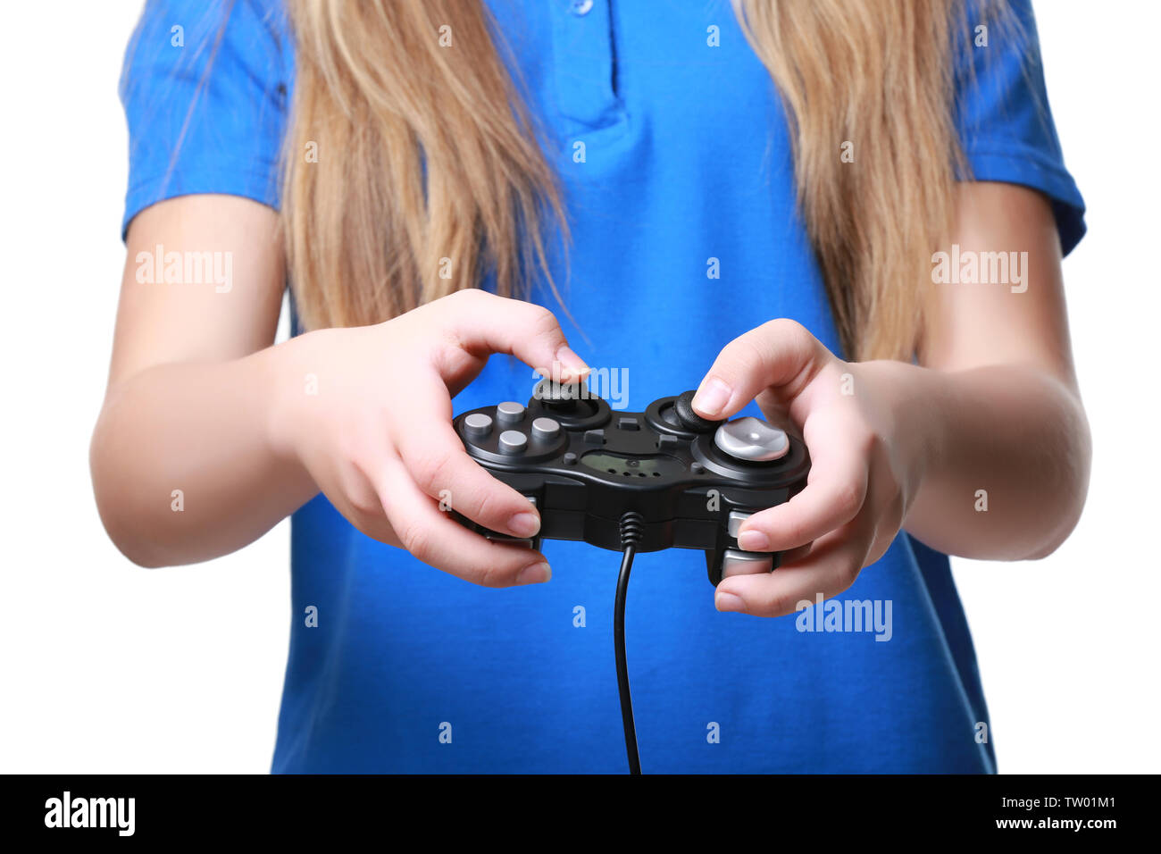 Close up view of teenager playing videogame on white background Stock ...