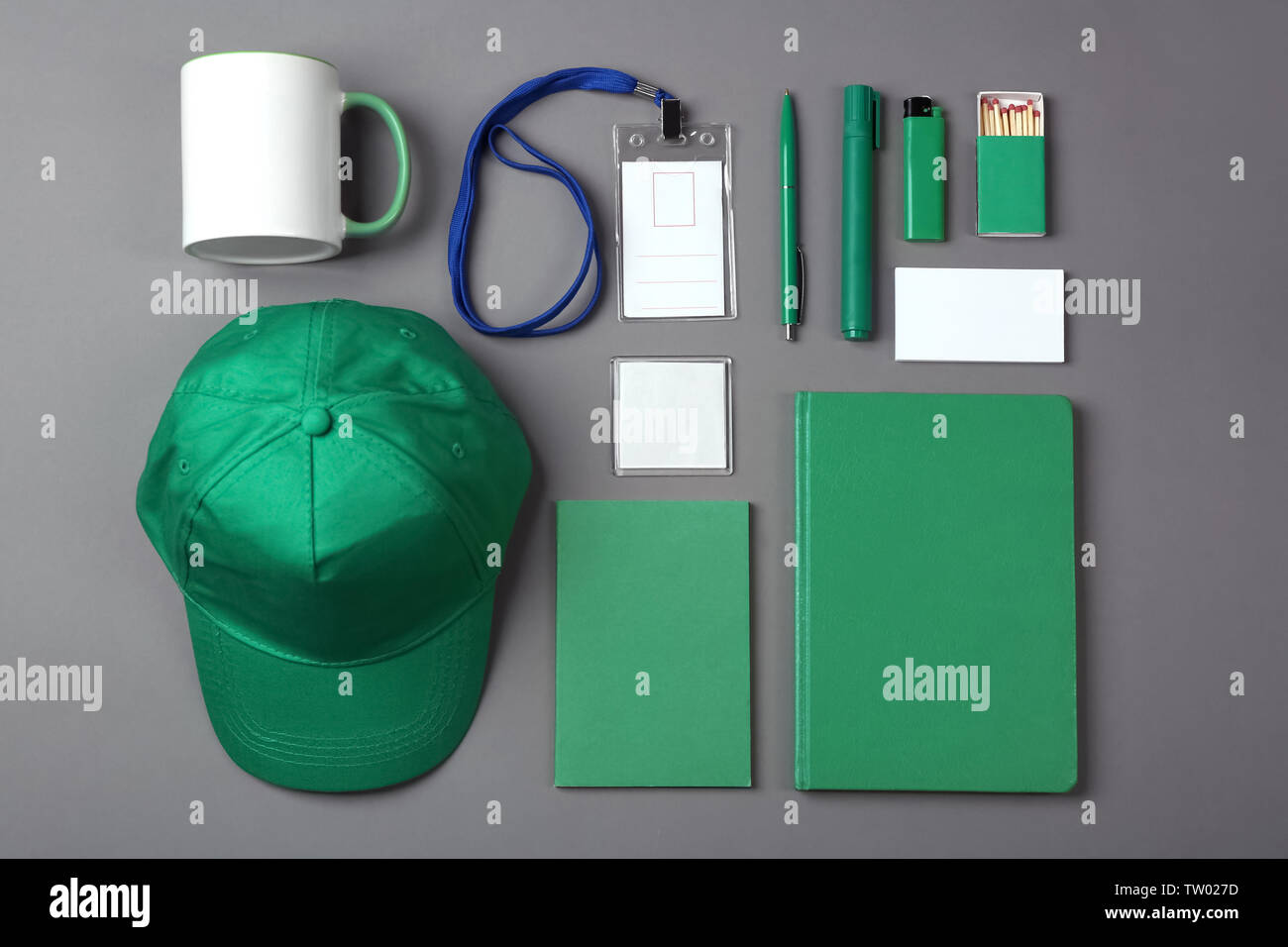 Set of blank items for branding on grey background Stock Photo - Alamy