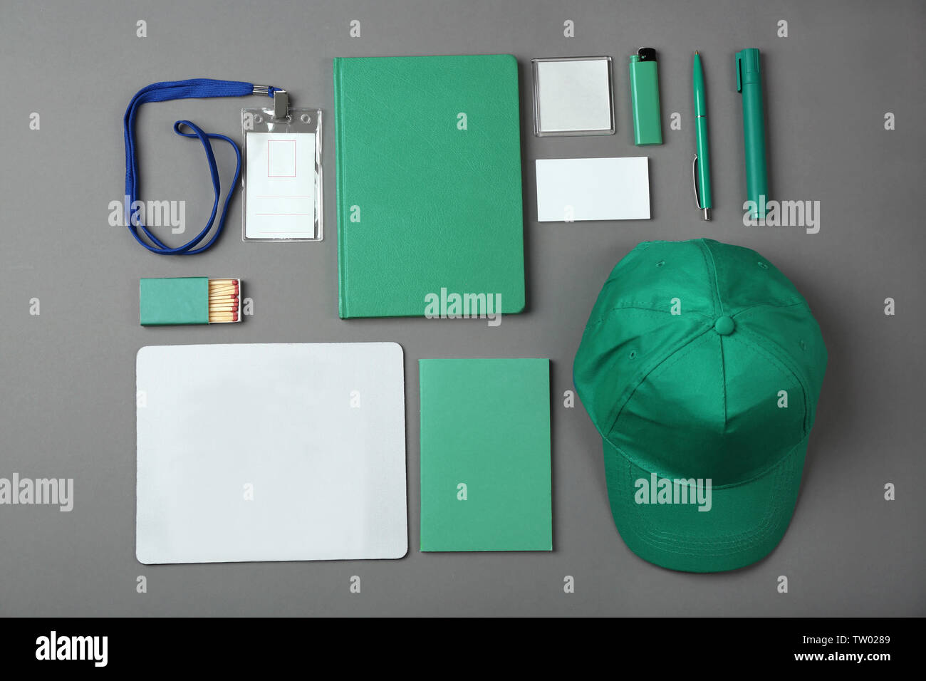 Set of blank items for branding on grey background Stock Photo - Alamy