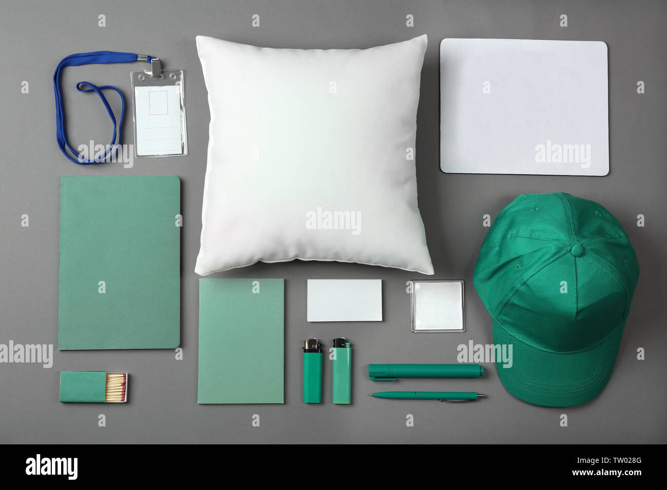 Set of blank items for branding on grey background Stock Photo - Alamy