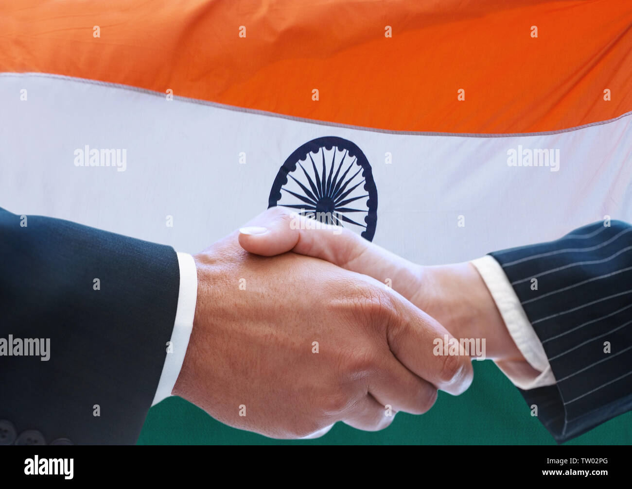 Two businessmen shaking hands with Indian flag in the background Stock ...
