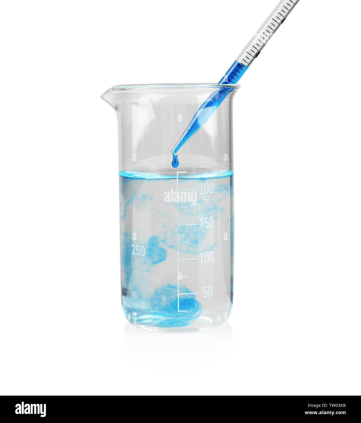 Beaker with color water and glass pipette on white background Stock ...