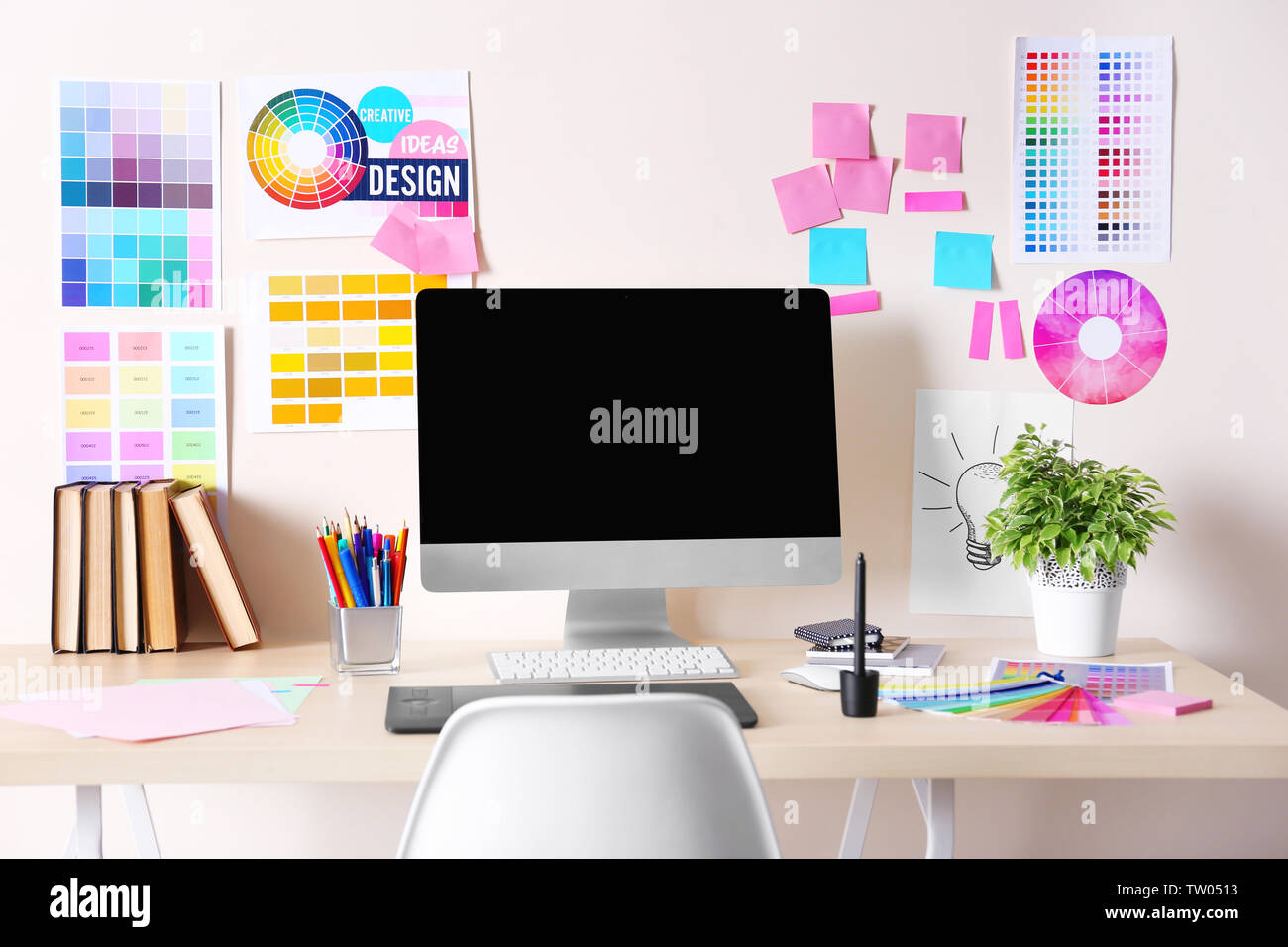 Modern designer workplace with computer and stationery Stock Photo - Alamy