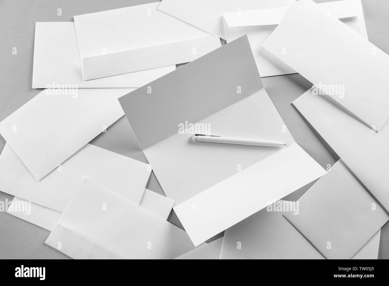 Set of blank items for branding on light background Stock Photo - Alamy