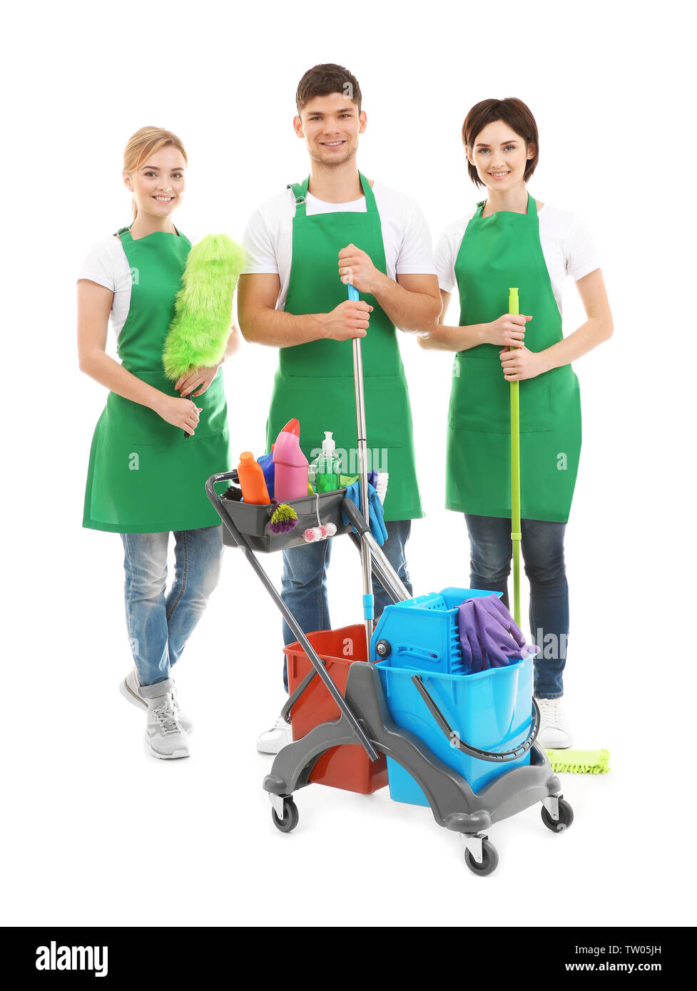 Service team with cleaning equipment on white background Stock Photo ...