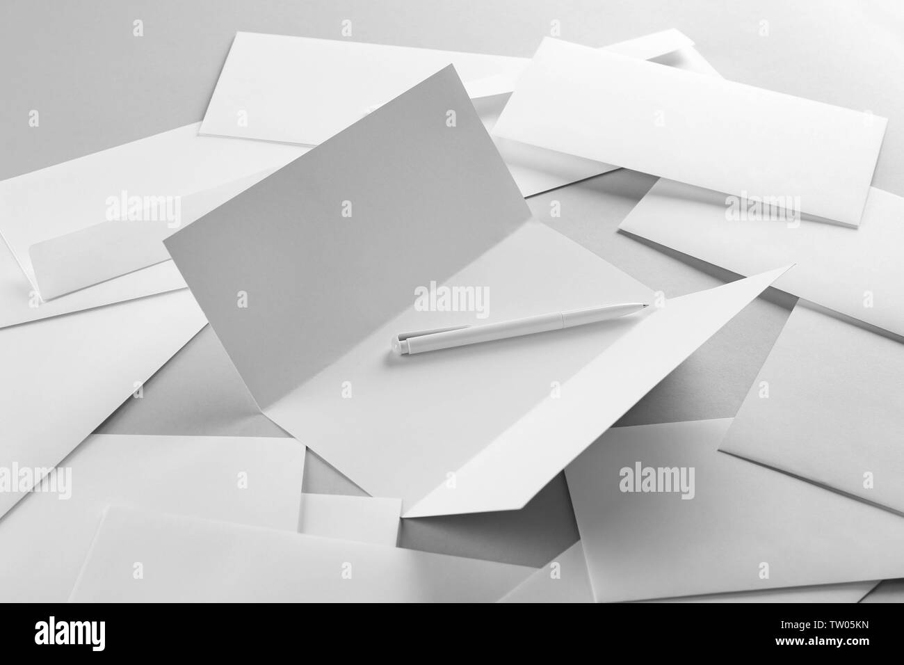 Set of blank items for branding on light background Stock Photo - Alamy