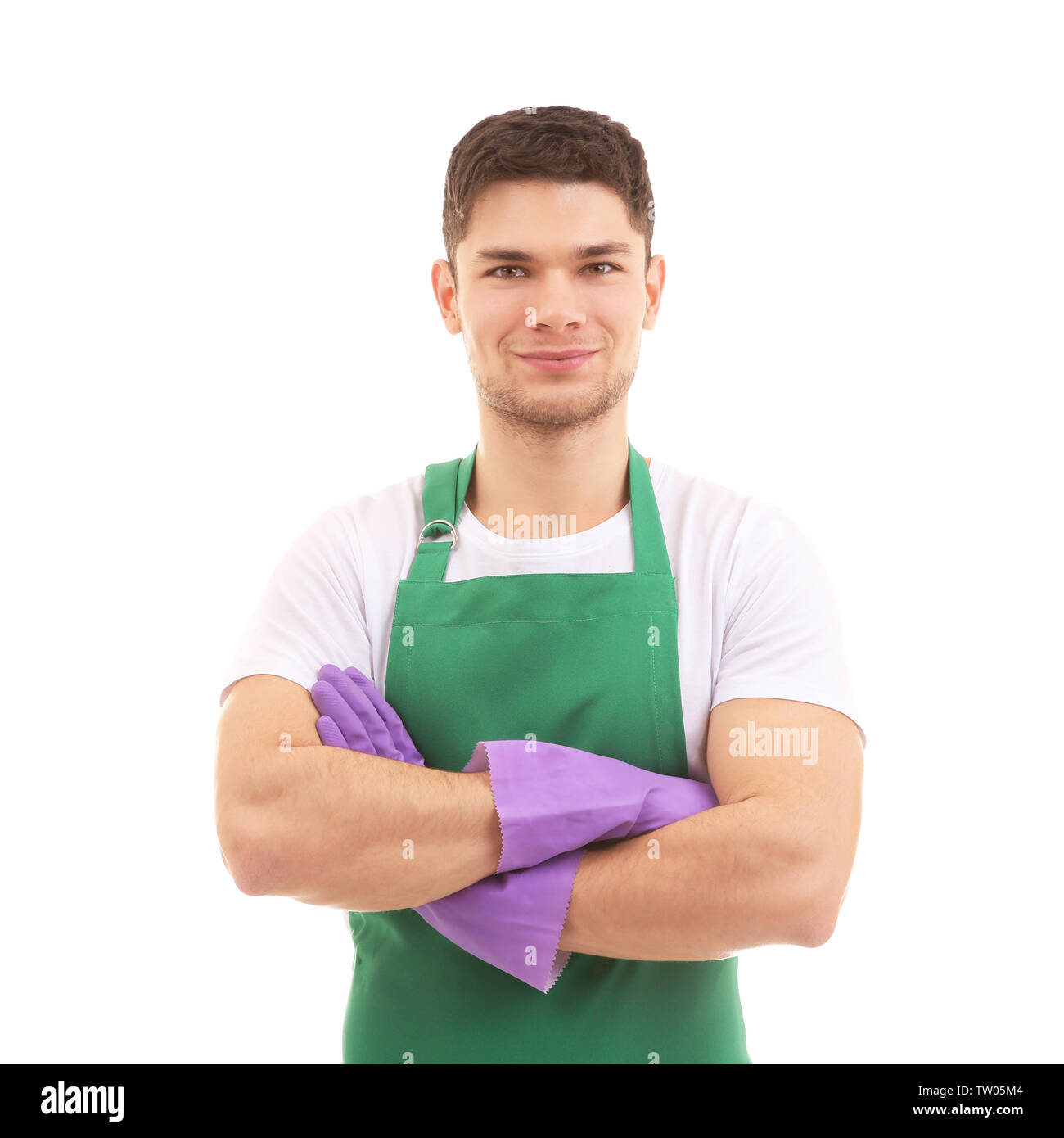 Young service man on white background Stock Photo - Alamy