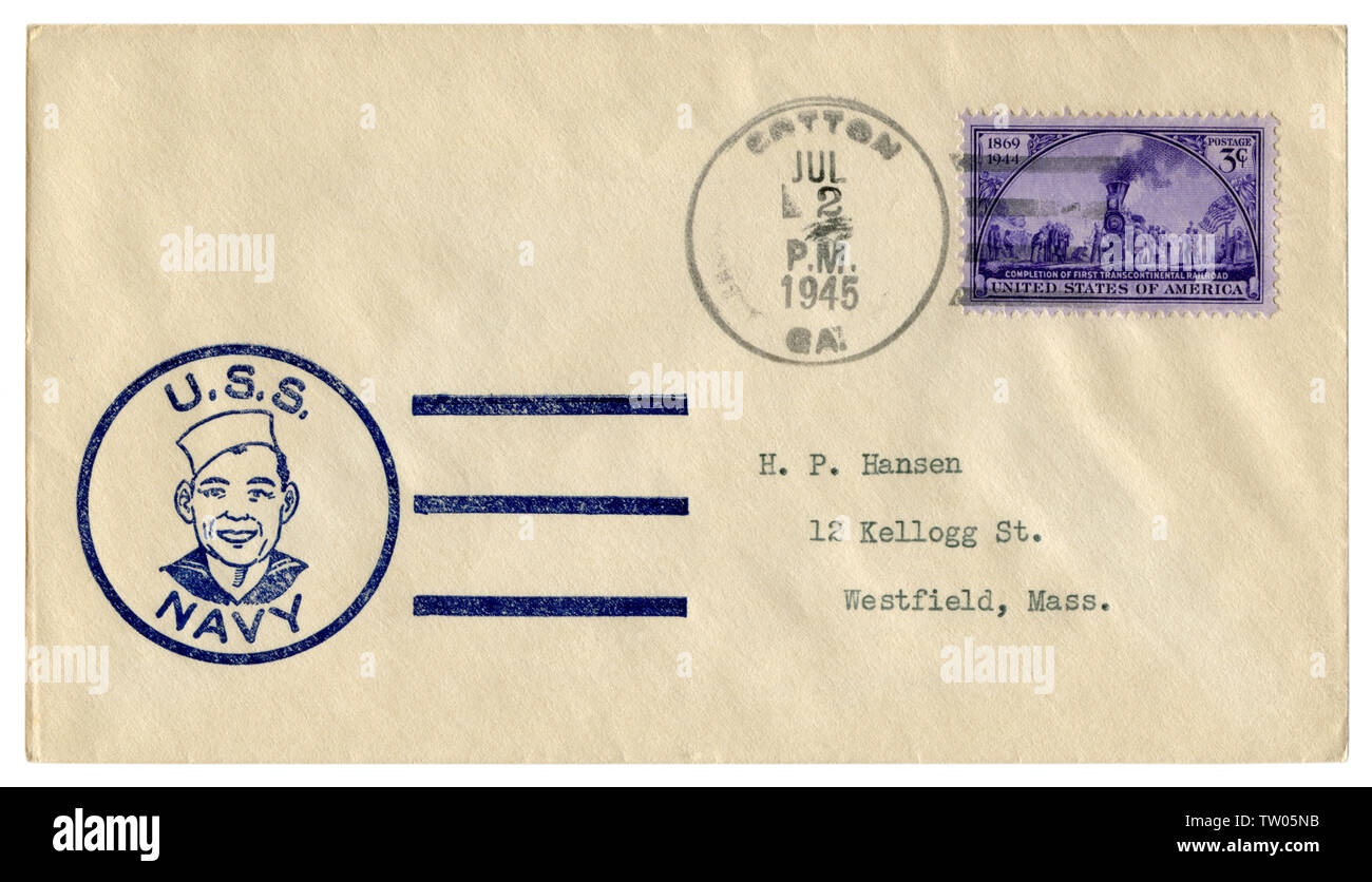 Cotton, Georgia, The USA - 2 July 1945: US historical envelope: cover ...