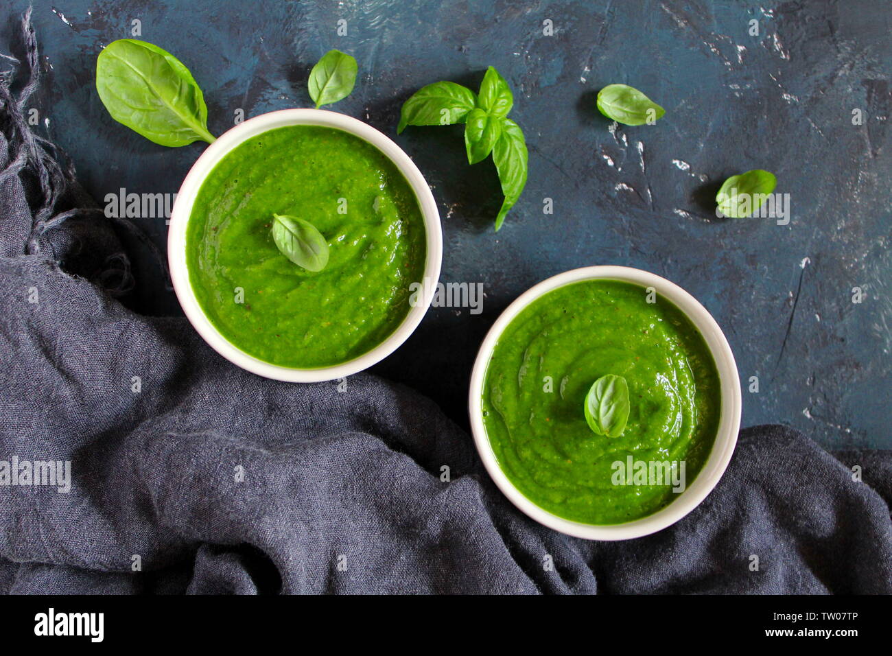 Avocado smoothie with spinach. Top view with copy space. Diet food ...