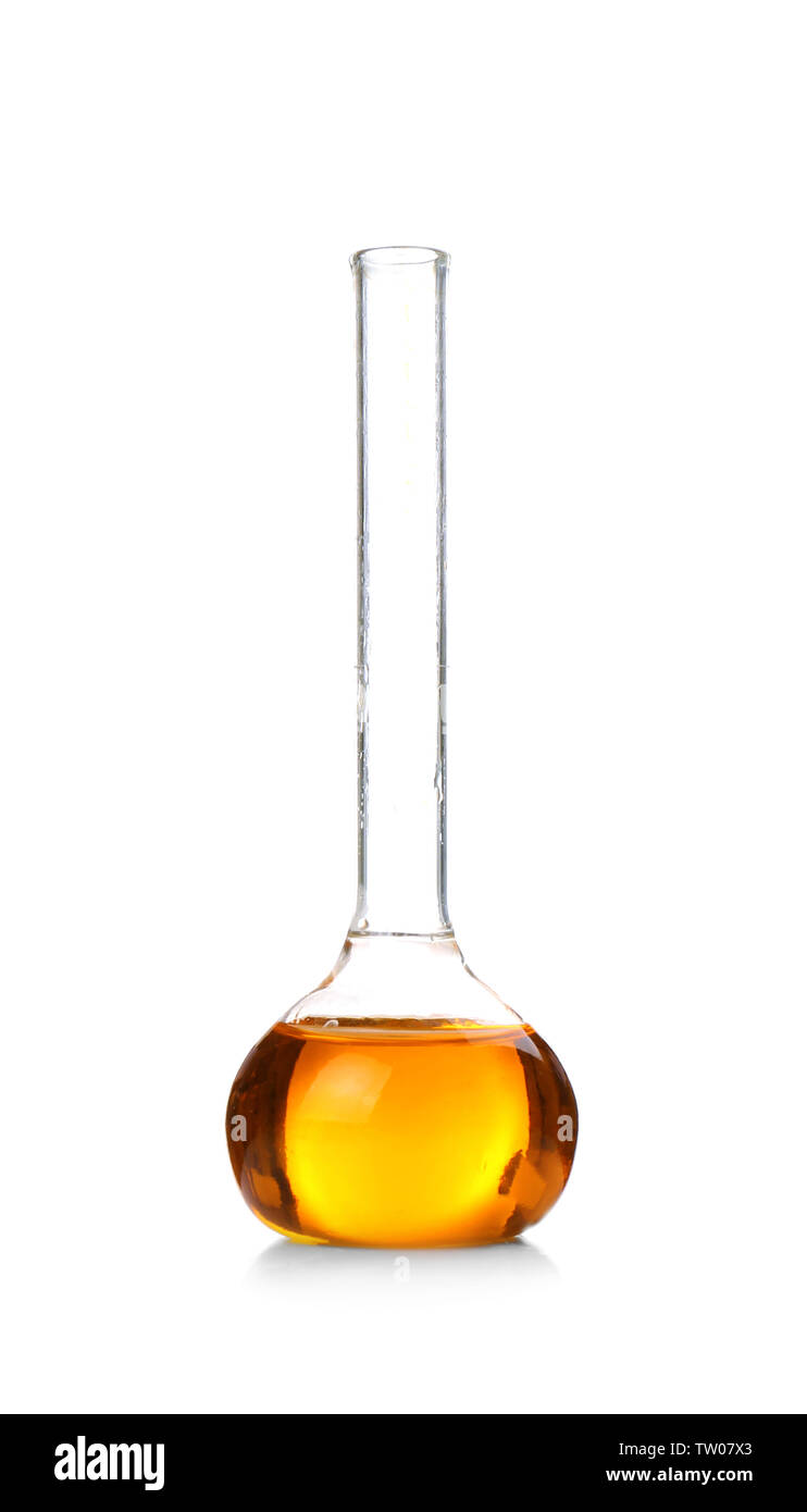 Test flask with yellow sample isolated on white Stock Photo - Alamy