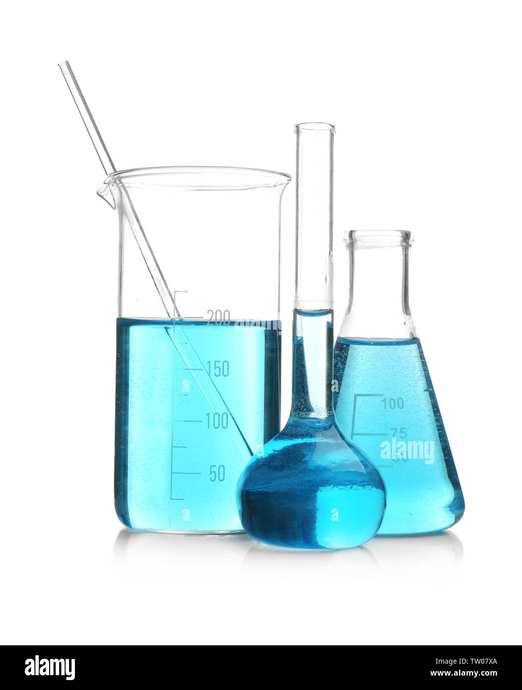 Laboratory glassware with blue samples on white background Stock Photo ...