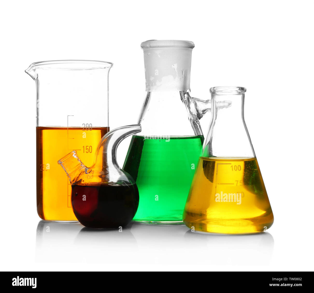 Laboratory glassware with samples on white background Stock Photo - Alamy