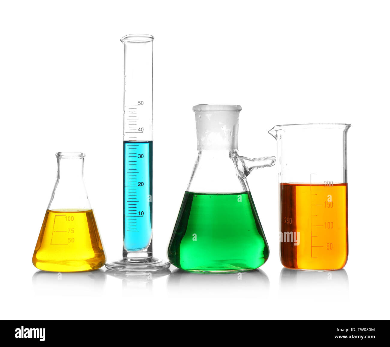Laboratory glassware with samples on white background Stock Photo - Alamy