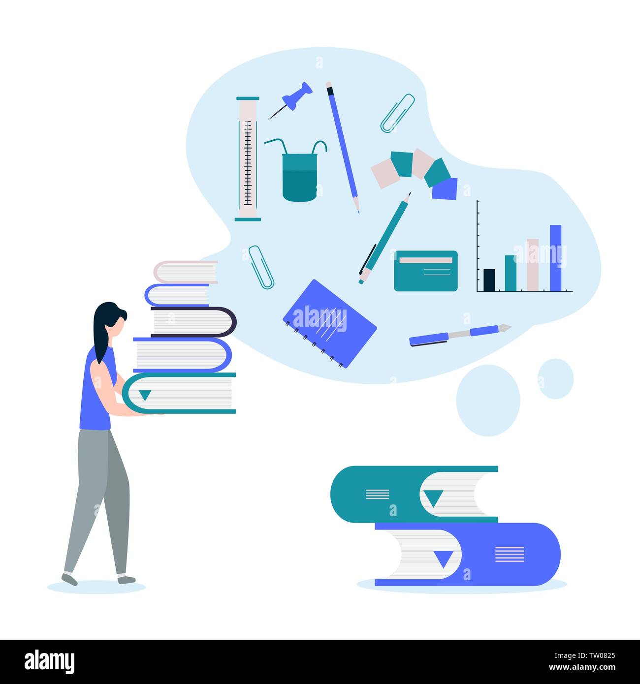 Vector illustration with girl, stack of books. Education, study ...