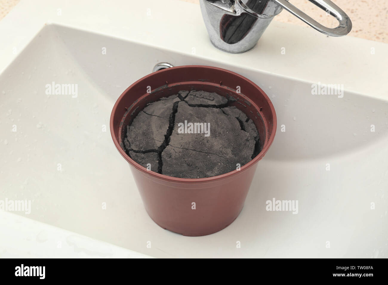 Water shortage concept. Pot with dry ground in white sink Stock Photo ...