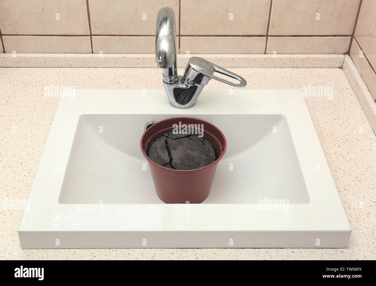 Water shortage concept. Pot with dry ground in white sink Stock Photo ...
