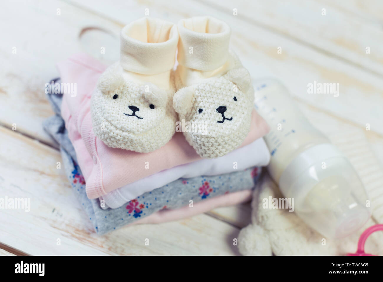 set of fashion trendy clothes and kids stuff for little baby girl Stock ...