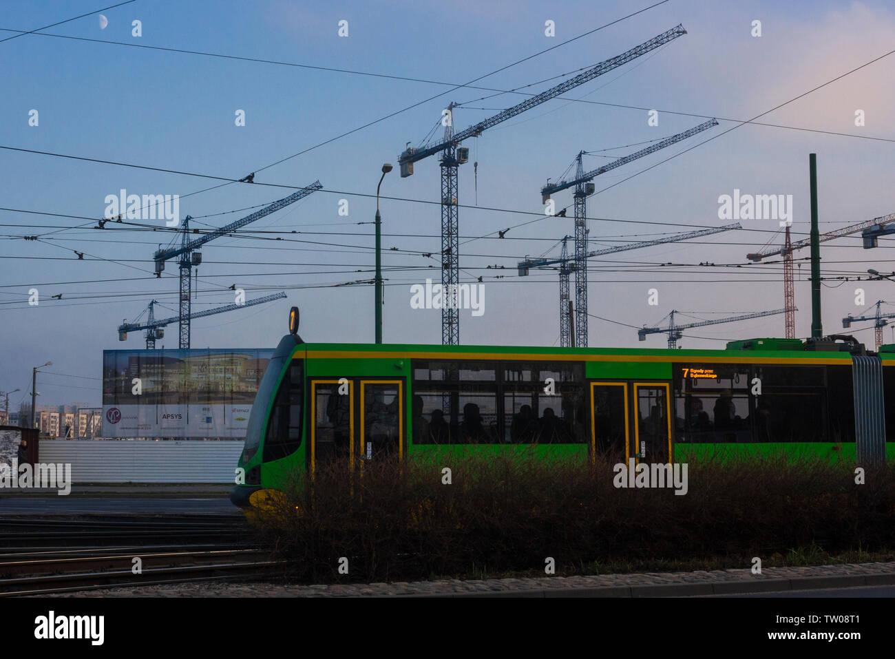 Tram wires and construction in Poznan, Poland Stock Photo - Alamy