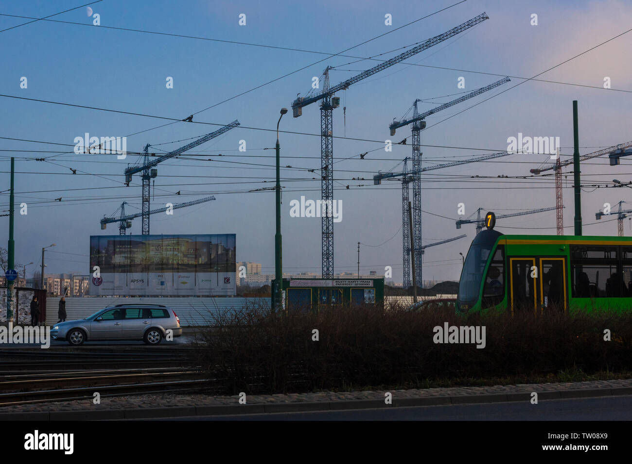 Tram wires and construction in Poznan, Poland Stock Photo - Alamy