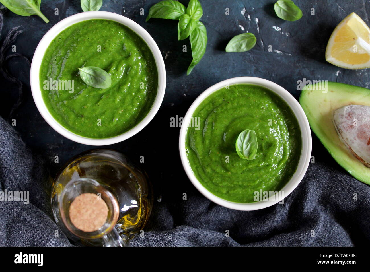 Avocado smoothie with spinach. Top view with copy space. Diet food ...