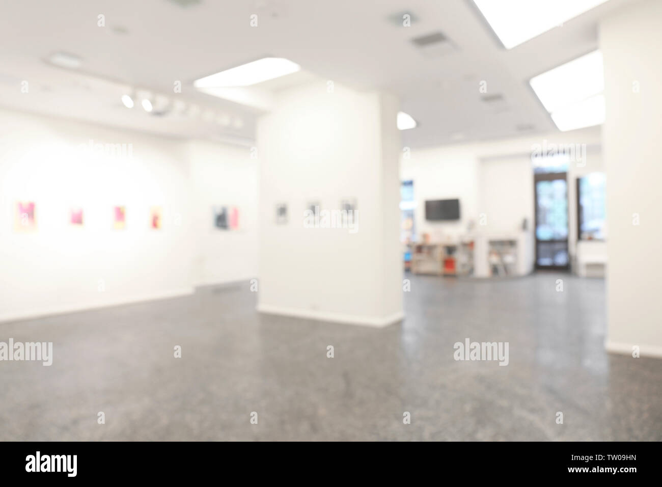 Blurred view of empty art gallery with pictures Stock Photo - Alamy