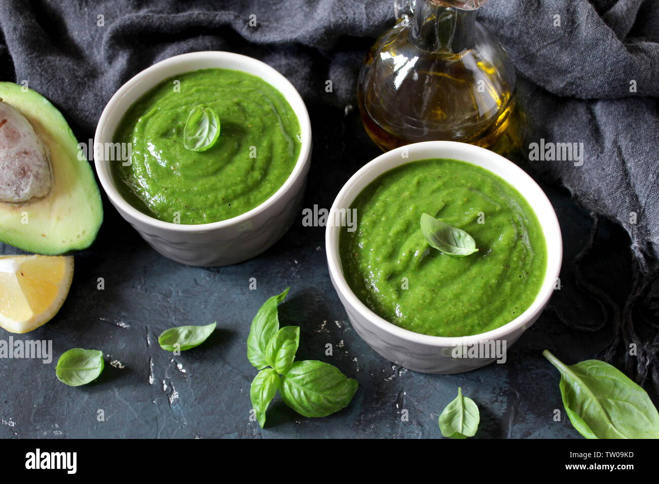 Avocado smoothie with spinach. Top view with copy space. Diet food ...