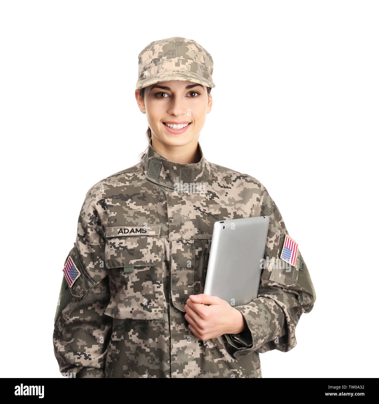 Female soldier with tablet on white background Stock Photo - Alamy