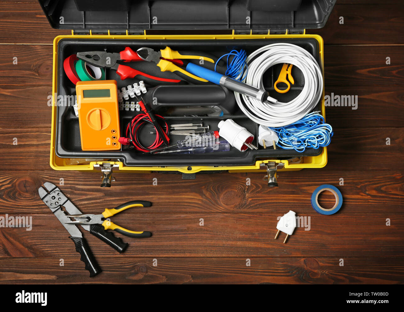 Instrument box for wiring on wooden background Stock Photo - Alamy