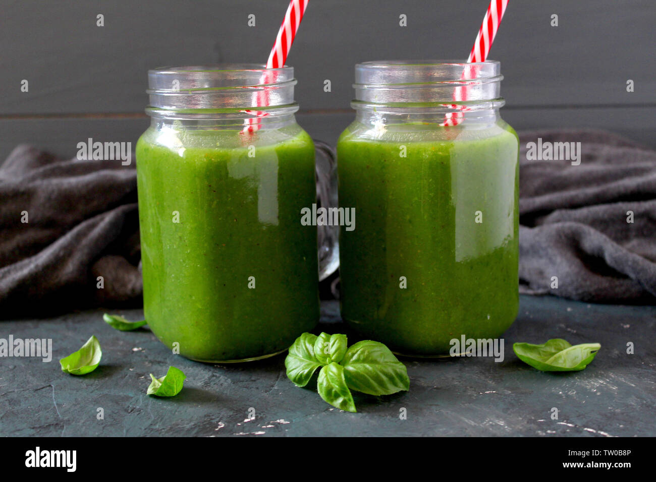 Avocado smoothie with spinach. Top view with copy space. Diet food ...