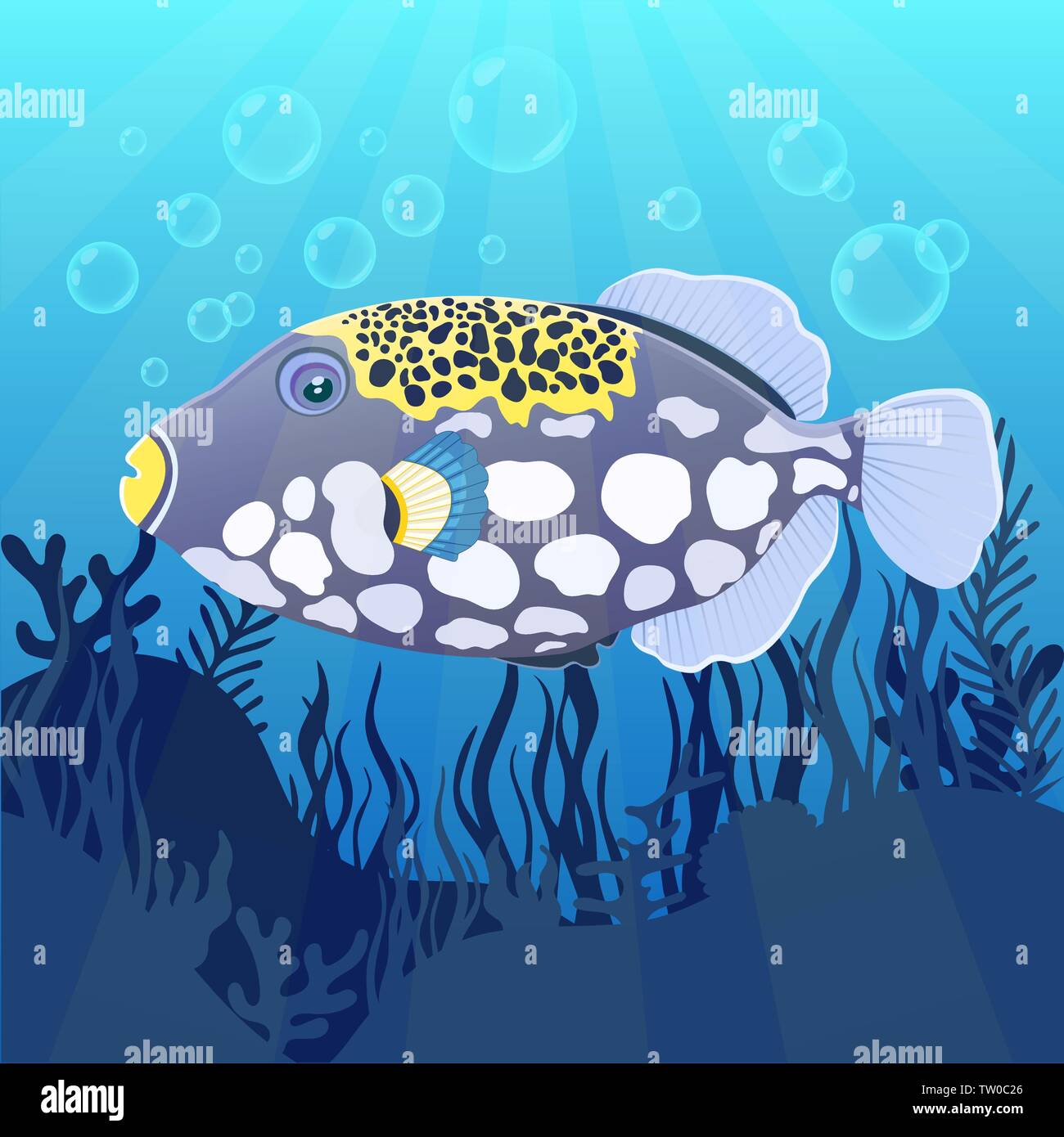 Triggerfish fish clown at the bottom of sea with algae, flat realistic ...