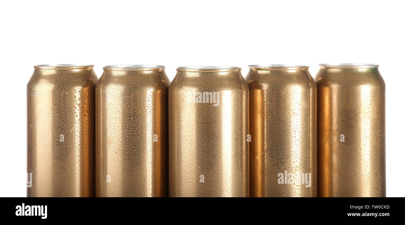 Cans of beer in a row isolated on white Stock Photo - Alamy
