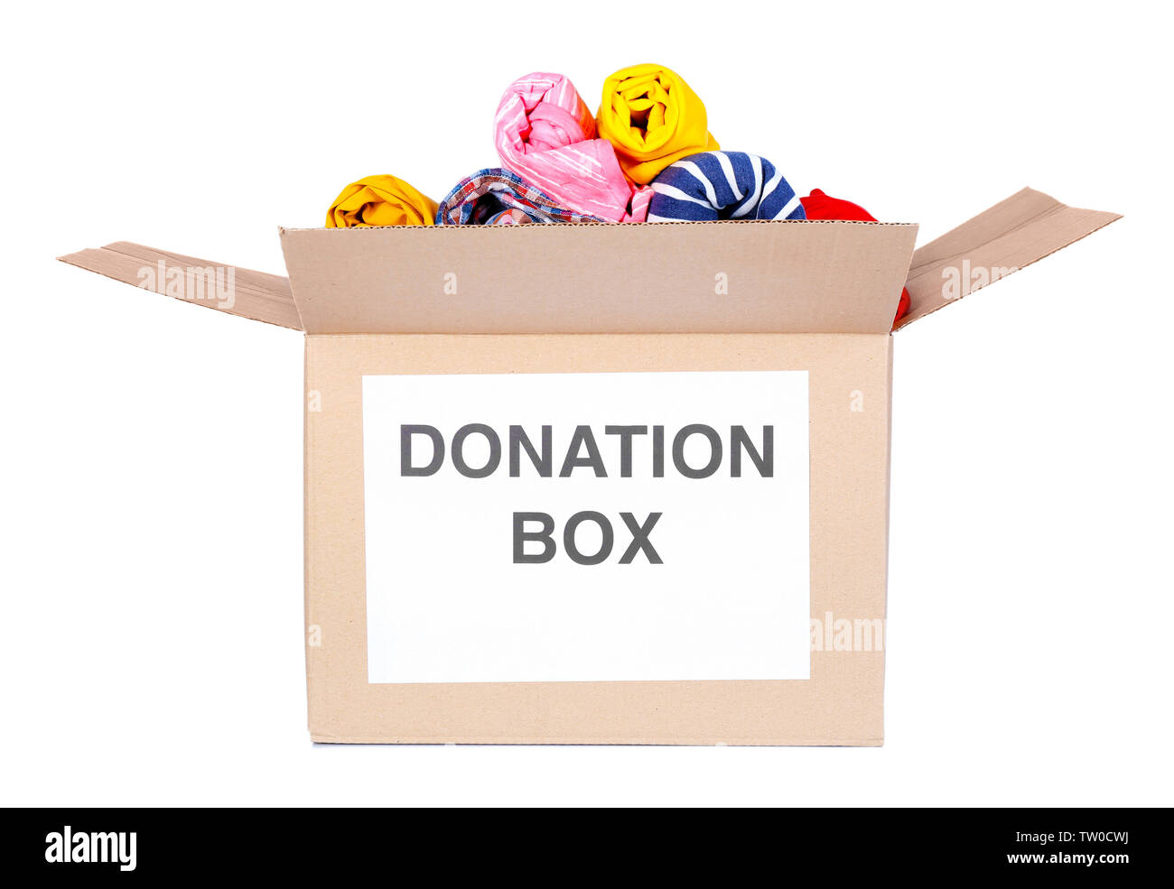 Donation box with clothes isolated on white Stock Photo - Alamy