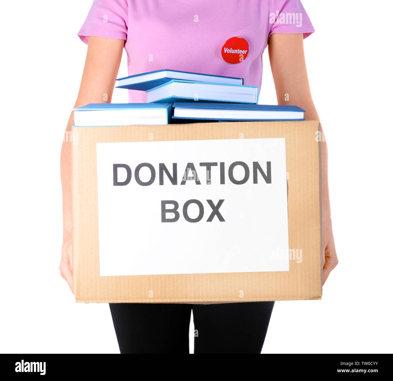 Woman holding donation box with books on white background Stock Photo ...