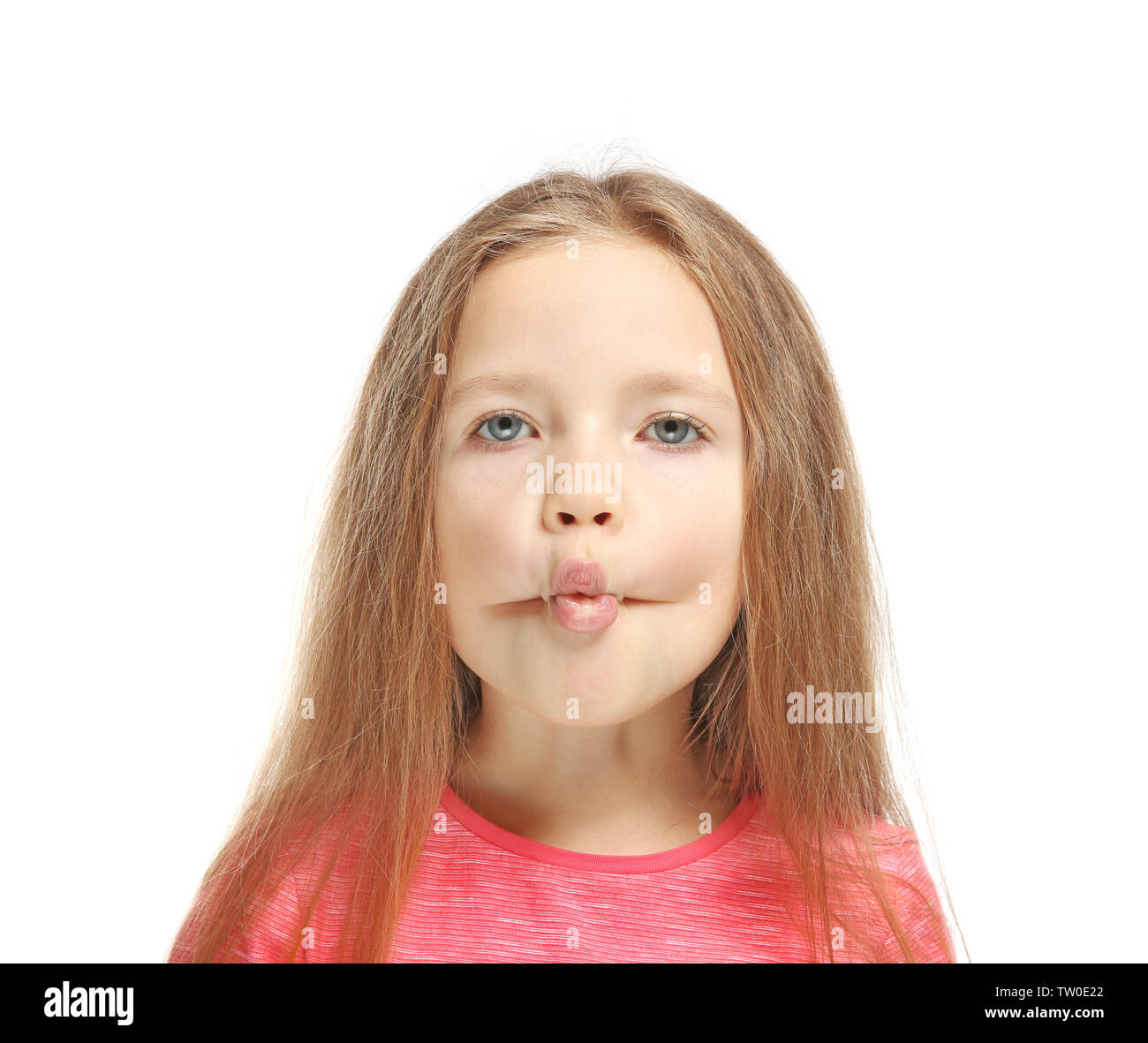 Little girl training pronounce letters on white background Stock Photo ...