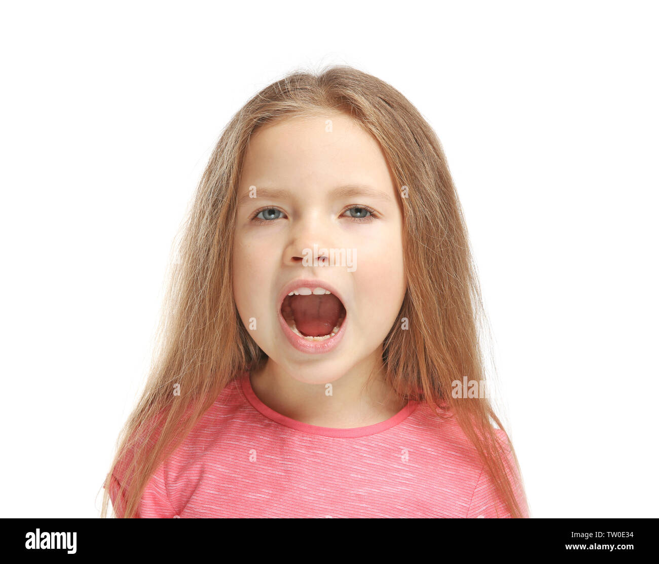 Little girl training pronounce letters on white background Stock Photo ...