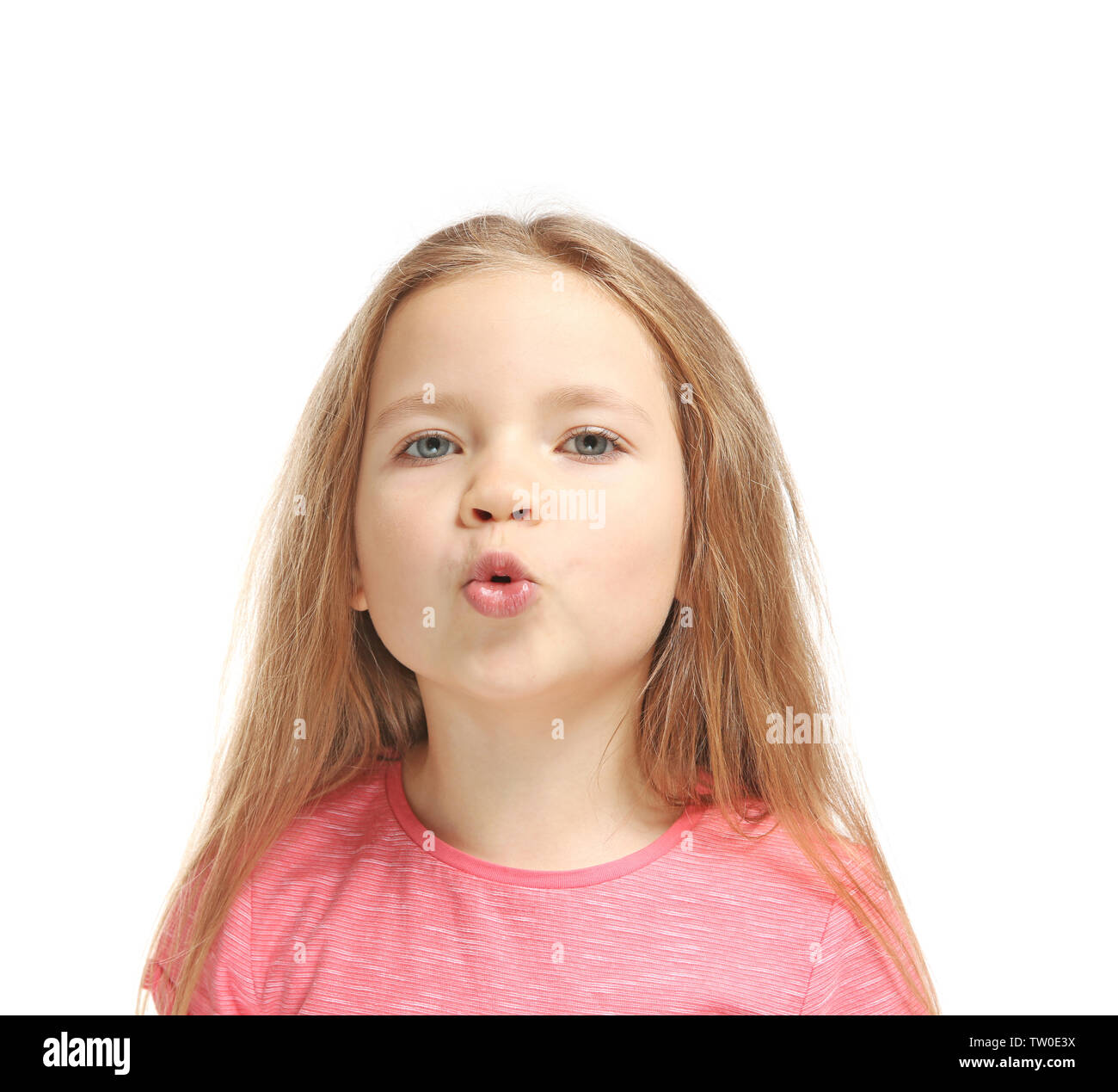 Little girl training pronounce letters on white background Stock Photo ...