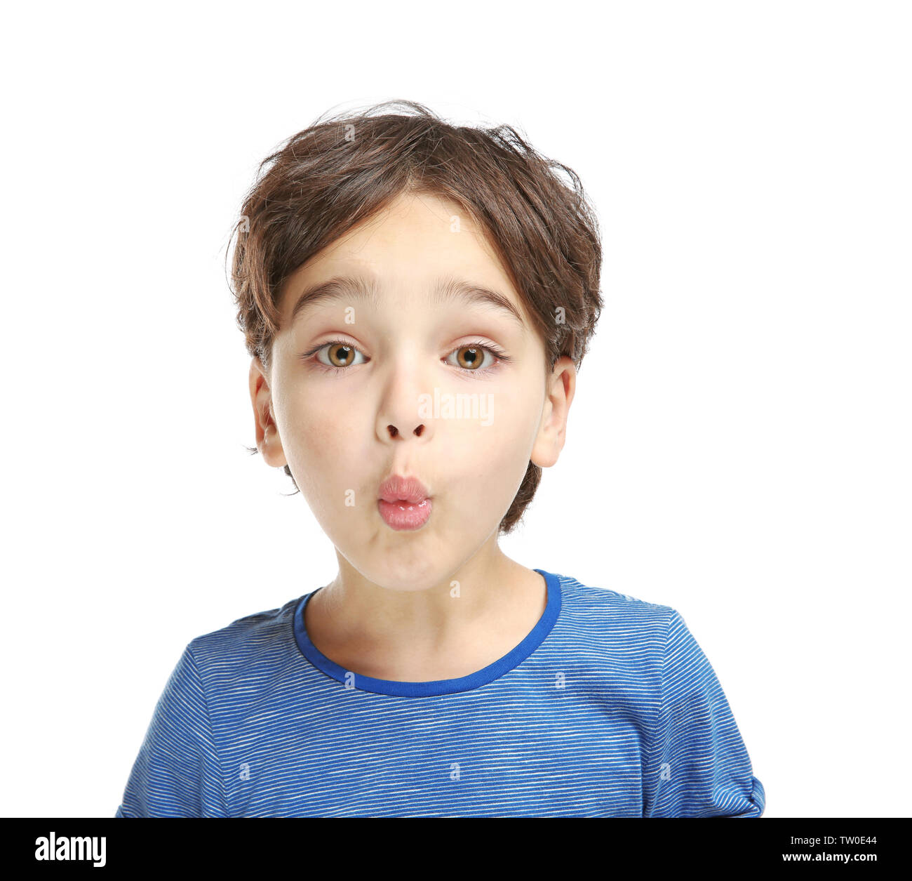 Little boy training pronounce letters on white background Stock Photo ...