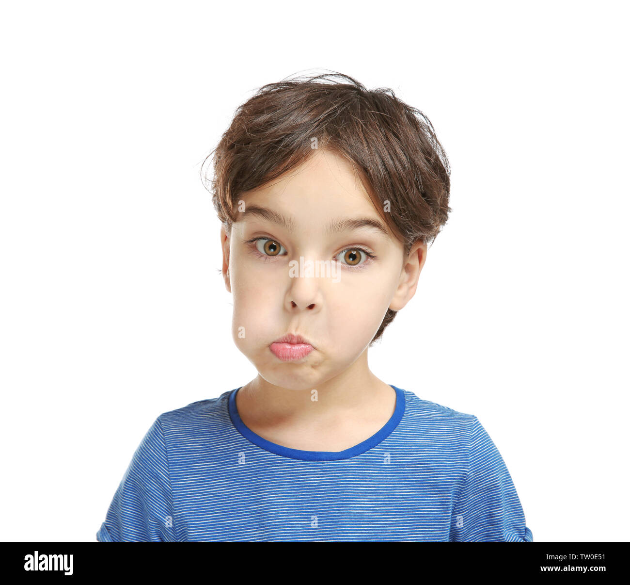 Little boy training pronounce letters on white background Stock Photo ...