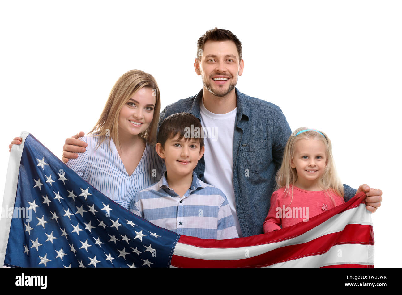 Happy family with American flag on white background Stock Photo - Alamy