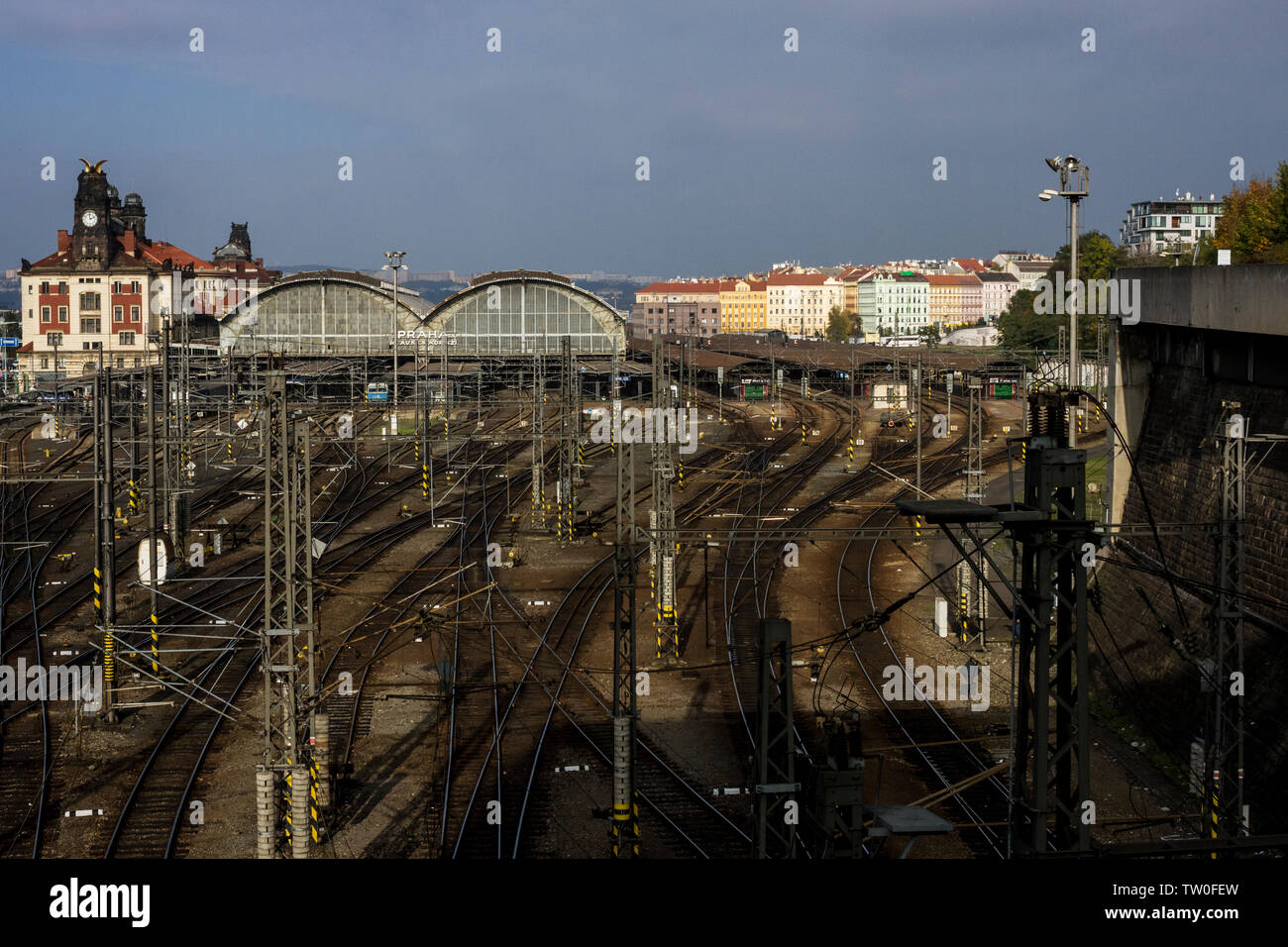 Train tracks at the main train station in Prague, The Czech Republic ...