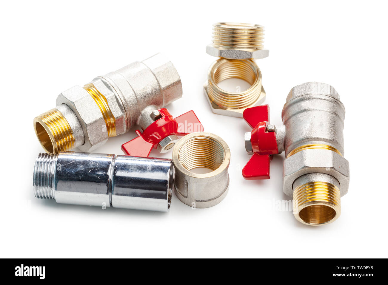 Set of metal-plastic plumbing couplings, adapters, plugs isolated on ...