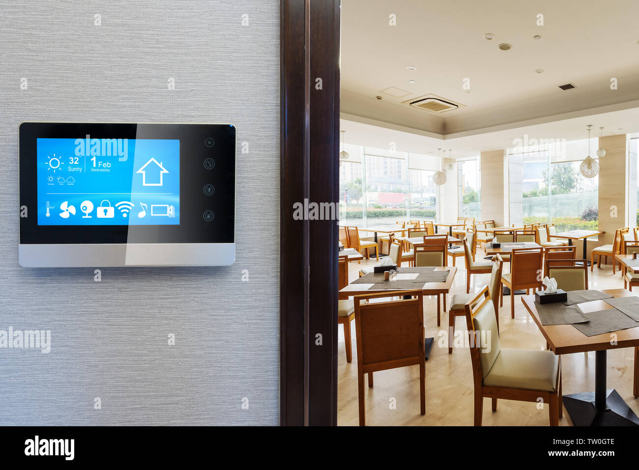smart screen with smart home with modern cafeteria Stock Photo - Alamy